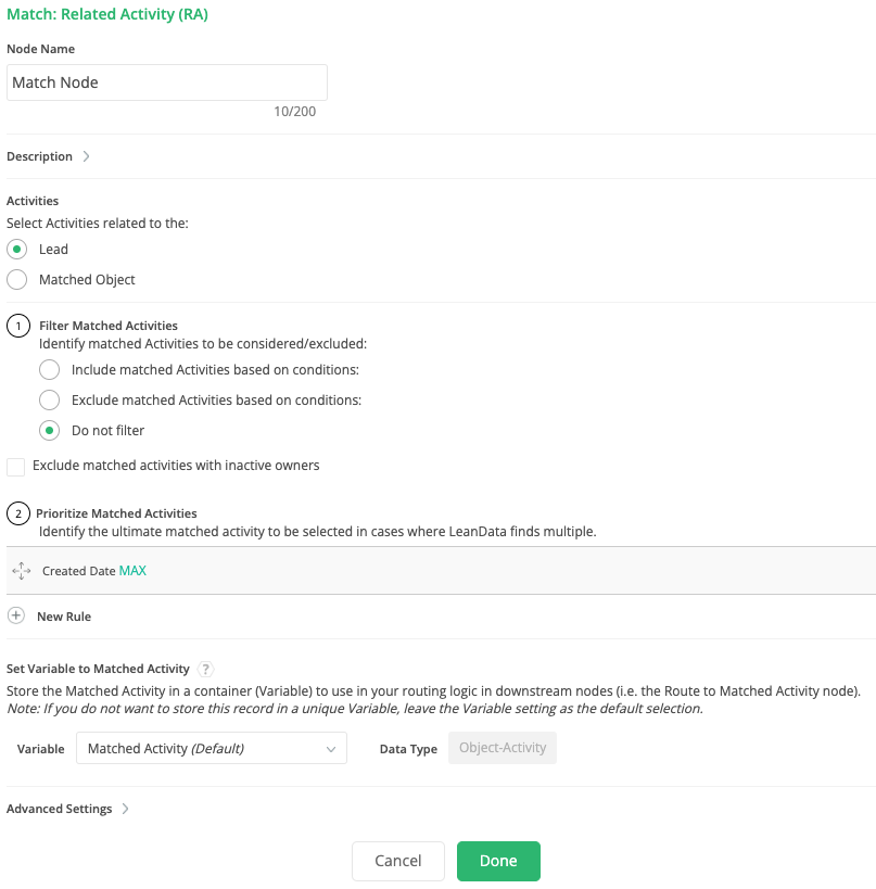 Routing Related Activity Match Node Guide Leandata Help Center